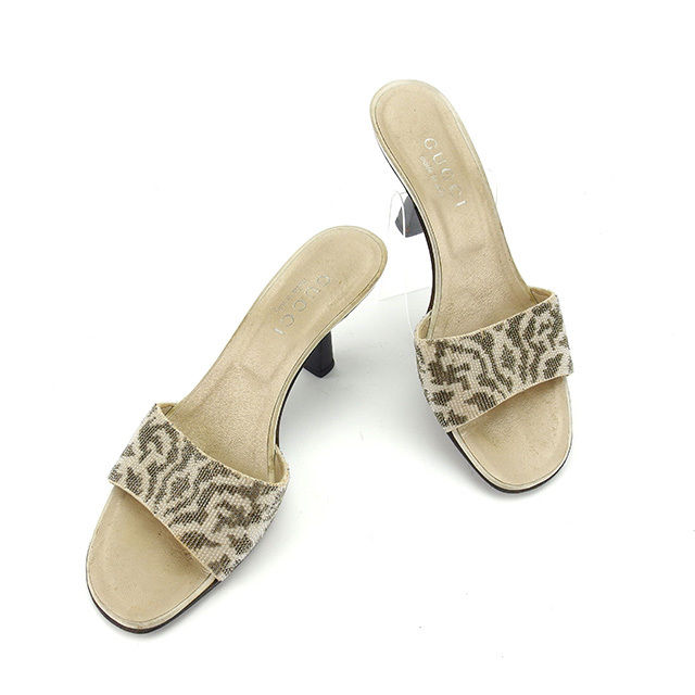 【BIGお買い物ラリー★30%OFFセール中】グッチ GUCCI ミュールビーズバンド ♯34ハーフC ベージュ×カーキ系 レディース 中古