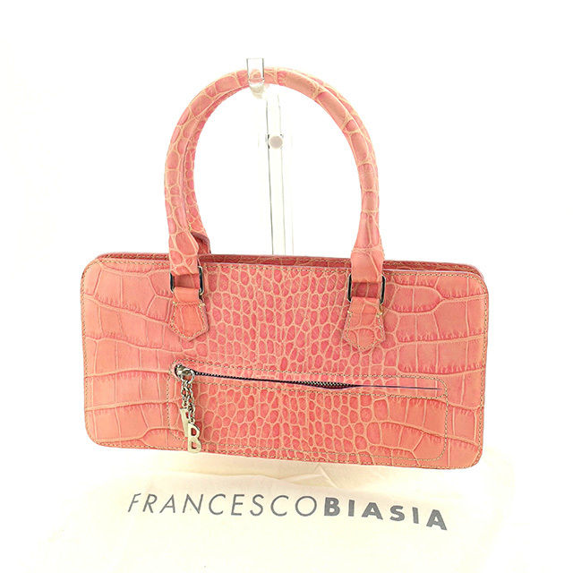 【BIGお買い物ラリー★30%OFFセール中】フランチェスコ・ビアジア FRANCESCO BIASIA ハンドバッグクロコダイル調 FBチャーム付き ピンク×シルバー レディース 中古