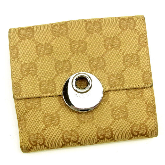 【BIGお買い物ラリー★30%OFFセール中】グッチ GUCCI 二つ折り財布ＧＧキャンバス ベージュ×レッド レディース 中古