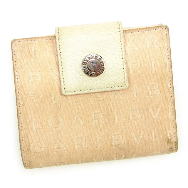 【BIGお買い物ラリー★30%OFFセール中】ブルガリ BVLGARI 二つ折り財布ロゴマニア ベージュ×ホワイト レディース 中古