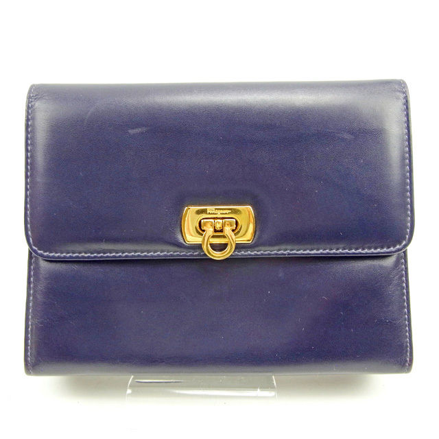 【BIGお買い物ラリー★30%OFFセール中】サルヴァトーレフェラガモ Salvatore Ferragamo ポーチガンチーニ ネイビー×ゴールド レディース 中古