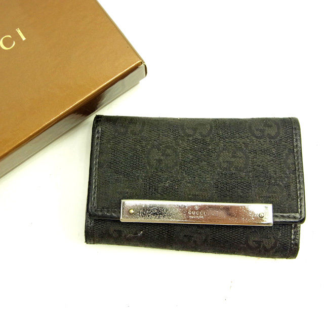 【BIGお買い物ラリー★30%OFFセール中】グッチ GUCCI キーケースＧＧキャンバス ブラック×シルバー レディース 中古