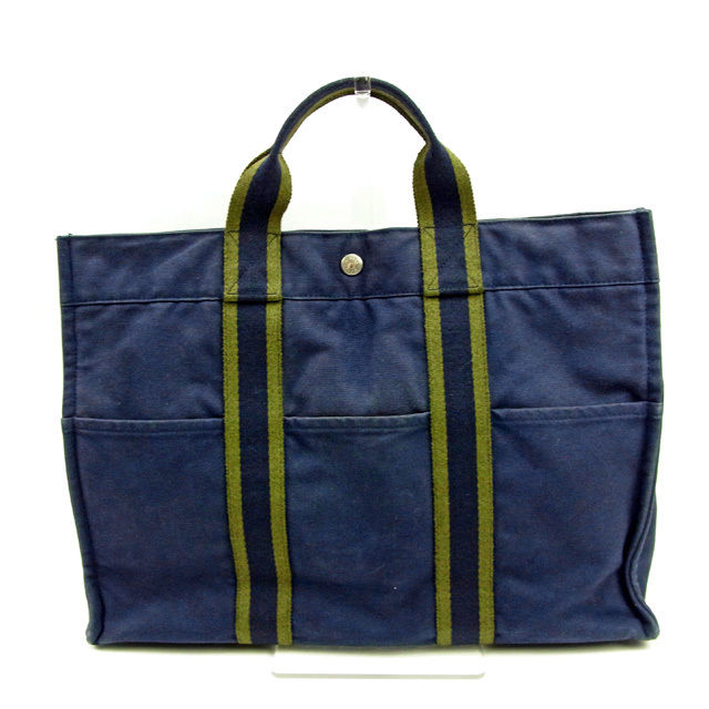 【BIGお買い物ラリー★30%OFFセール中】エルメス HERMES トートバッグフールトゥ トートMM ネイビー×グリーン レディース 中古