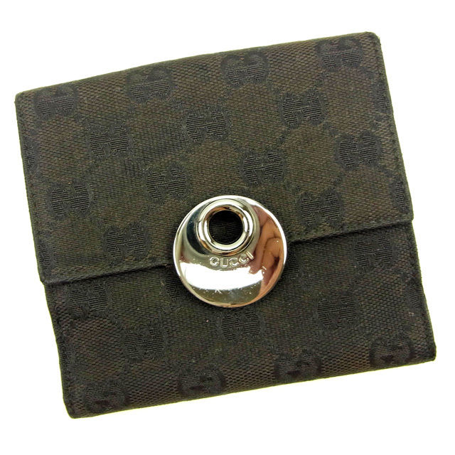 【BIGお買い物ラリー★30%OFFセール中】グッチ GUCCI 二つ折り財布ＧＧキャンバス オーバル ブラック×シルバー レディース 中古