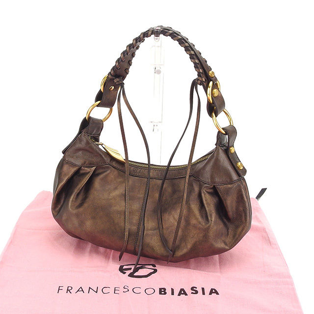 【BIGお買い物ラリー★30%OFFセール中】フランチェスコ・ビアジア FRANCESCO BIASIA ショルダーバッグタック入り メタリックブラウン×ゴールド レディース 中古