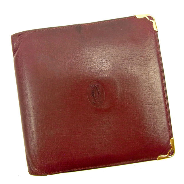 【BIGお買い物ラリー★30%OFFセール中】カルティエ CARTIER 二つ折り財布マストライン ボルドー×ゴールド レディース 中古