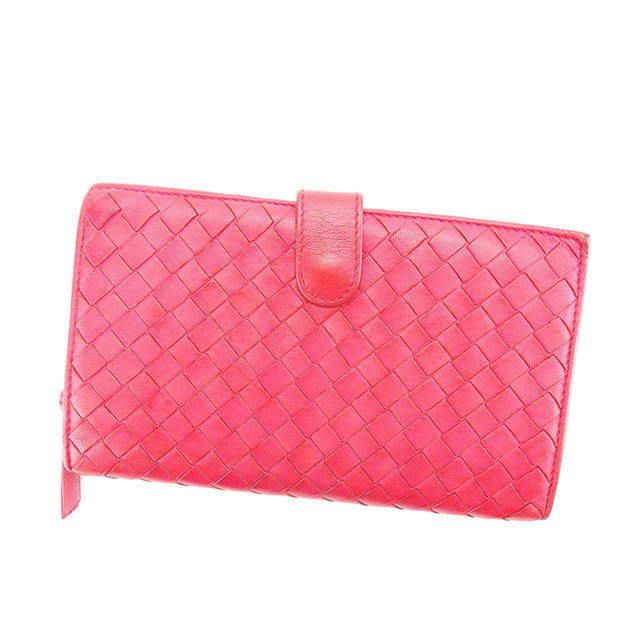 【BIGお買い物ラリー★30%OFFセール中】ボッテガヴェネタ BOTTEGAVENETA 長財布イントレチャート ピンク×ゴールド レディース 中古