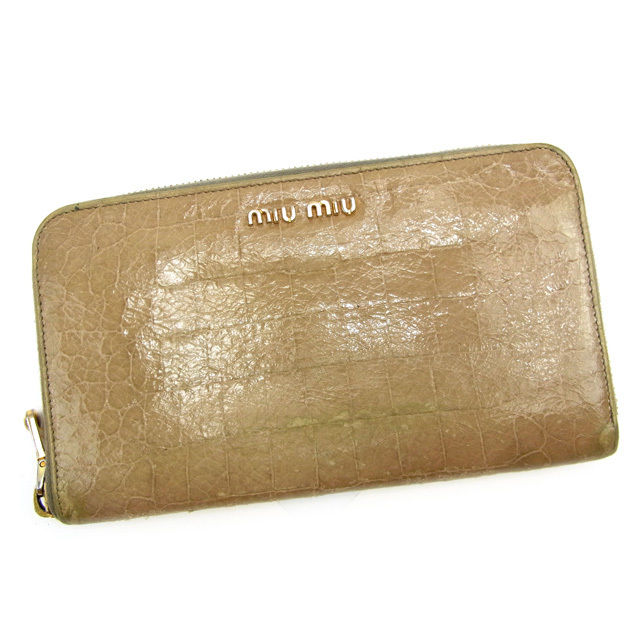 【X'masセール★30%OFF】ミュウミュウ MIUMIU 長財布クロコダイル調 グレーベージュ×ゴールド レディース 中古