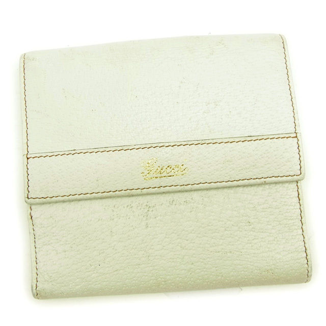 【BIGお買い物ラリー★30%OFFセール中】グッチ GUCCI 二つ折り財布ロゴ ホワイト×ゴールド レディース 中古