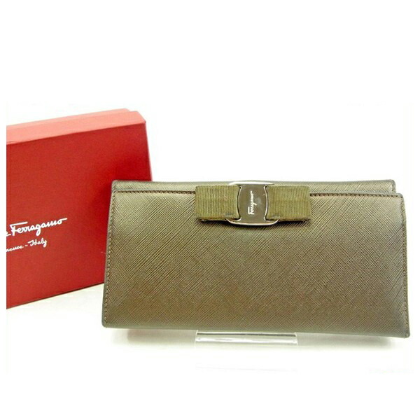 【BIGお買い物ラリー★30%OFFセール中】サルヴァトーレフェラガモ Salvatore Ferragamo 長財布ヴァラリボン グレー系 レディース 中古