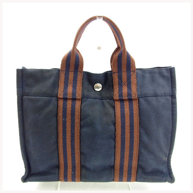 【BIGお買い物ラリー★30%OFFセール中】エルメス HERMES トートバッグフールトゥ フールトゥトートＰＭ ネイビー×ブラウン レディース 中古