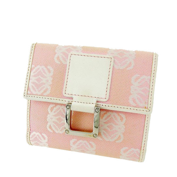 【BIGお買い物ラリー★30%OFFセール中】ロエベ LOEWE 二つ折り財布アナグラム柄 ピンク×ホワイト×シルバー レディース 中古