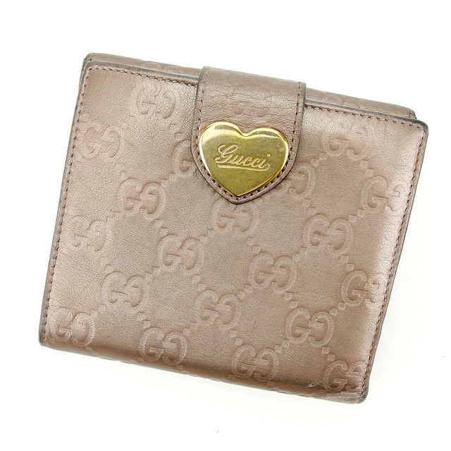 【BIGお買い物ラリー★30%OFFセール中】グッチ GUCCI 二つ折り財布グッチシマ ハートプレート メタリックピンクベージュ系 レディース 中古