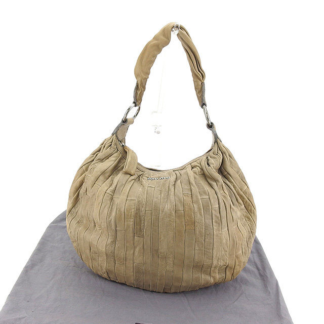 【BIGお買い物ラリー★30%OFFセール中】ミュウミュウ MIUMIU ショルダーバッグパッチワークストライプ ベージュ×シルバー レディース 中古