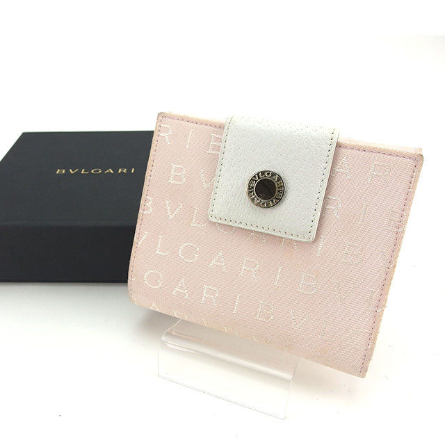 【X'masセール★30%OFF】ブルガリ BVLGARI 二つ折り財布ロゴマニア ライトピンク×ホワイト×シルバー レディース 中古