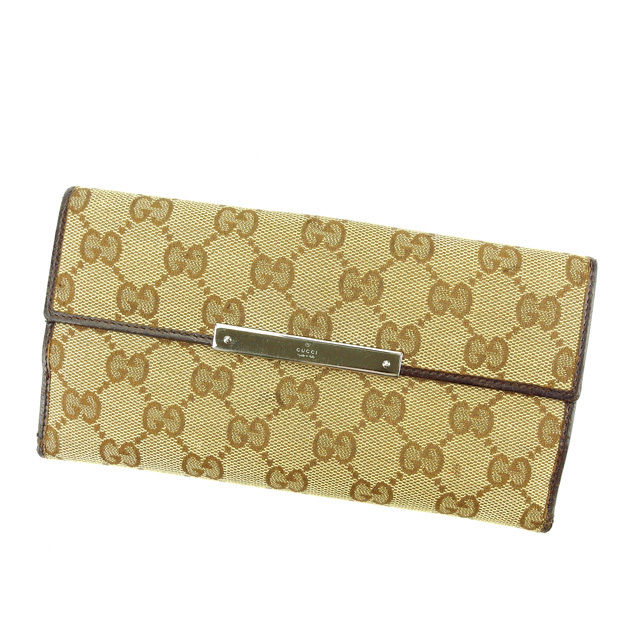 【X'masセール★30%OFF】グッチ GUCCI 長財布ＧＧキャンバス ベージュ×ブラウン×シルバー レディース 中古