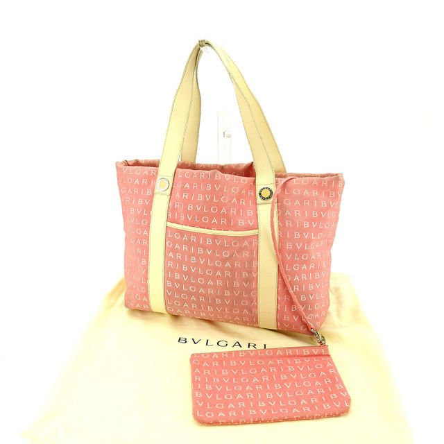 【BIGお買い物ラリー★30%OFFセール中】ブルガリ BVLGARI トートバッグロゴマニア レッド×ベージュ×シルバー レディース 中古