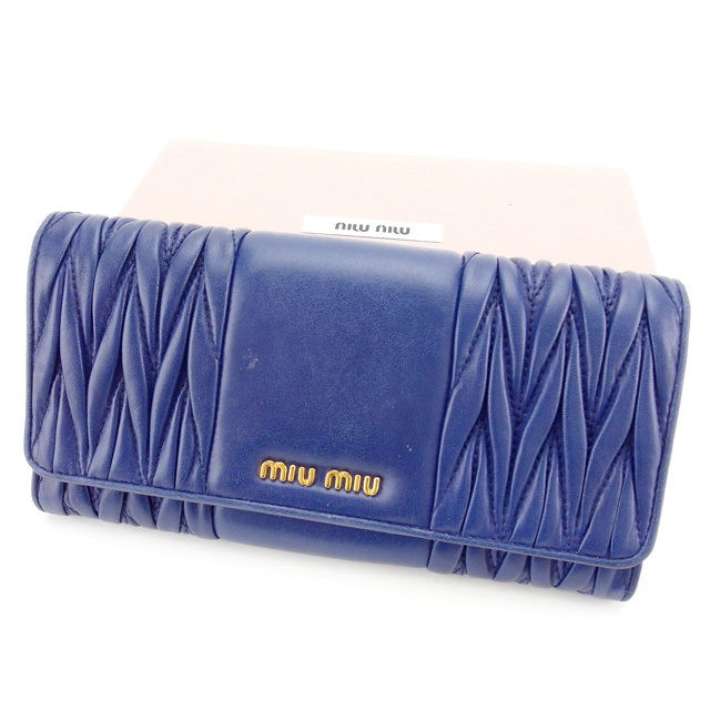 【BIGお買い物ラリー★30%OFFセール中】ミュウミュウ MIUMIU 長財布マテラッセ ブルー×ゴールド レディース 中古