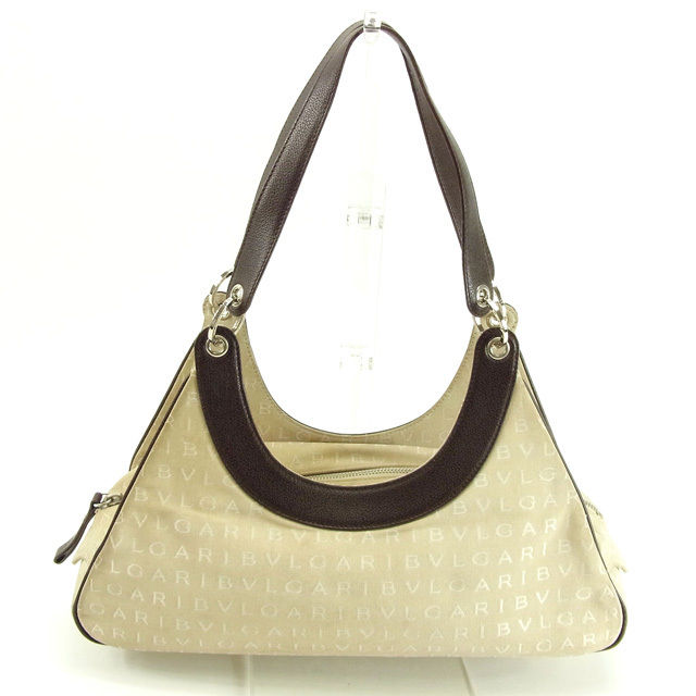 【BIGお買い物ラリー★30%OFFセール中】ブルガリ BVLGARI ショルダーバッグロゴマニア ベージュ×ブラウン×パープル レディース 中古