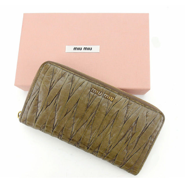 【X'masセール★30%OFF】ミュウミュウ MIUMIU 長財布マテラッセ カーキ×ゴールド レディース 中古