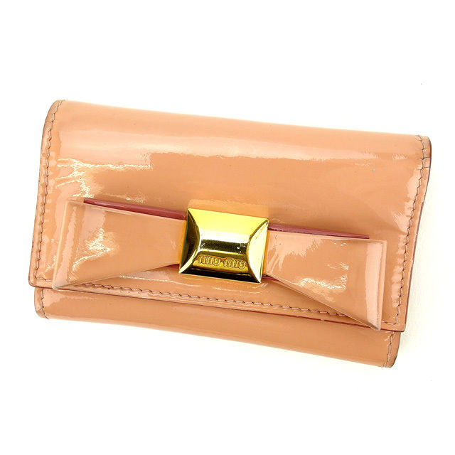【BIGお買い物ラリー★30%OFFセール中】ミュウミュウ MIUMIU キーケースリボンモチーフ サーモンピンク×ゴールド レディース 中古
