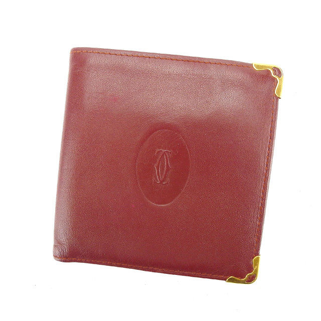【BIGお買い物ラリー★30%OFFセール中】カルティエ CARTIER 二つ折り財布マストライン ボルドー×ゴールド レディース 中古