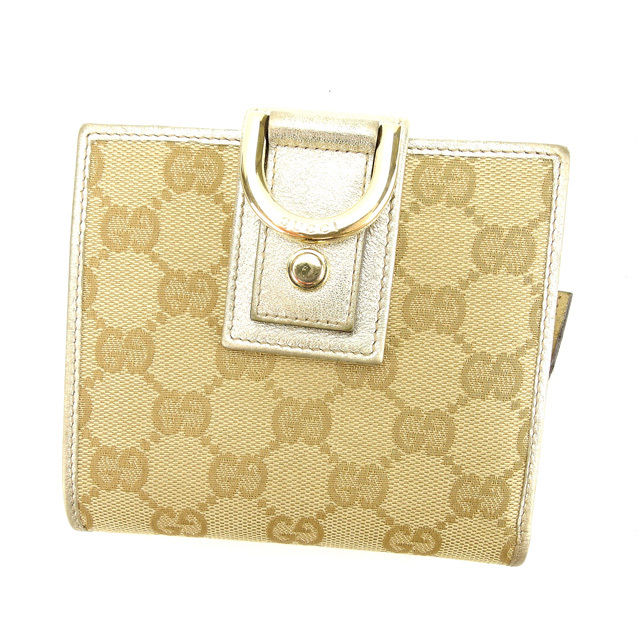 【BIGお買い物ラリー★30%OFFセール中】グッチ GUCCI 二つ折り財布ＧＧキャンバス アビー ベージュ×ゴールド レディース 中古