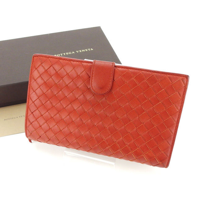 【BIGお買い物ラリー★30%OFFセール中】ボッテガヴェネタ BOTTEGAVENETA 長財布イントレチャート ダークオレンジ×ゴールド レディース 中古