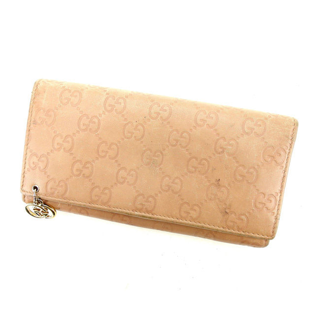 【BIGお買い物ラリー★30%OFFセール中】グッチ GUCCI 長財布グッチシマ ダブルGチャーム付き ピンクベージュ×ゴールド レディース 中古