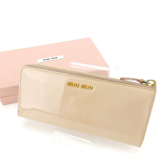 【BIGお買い物ラリー★30%OFFセール中】ミュウミュウ MIUMIU 長財布リボンモチーフ ベージュ×ゴールド レディース 中古