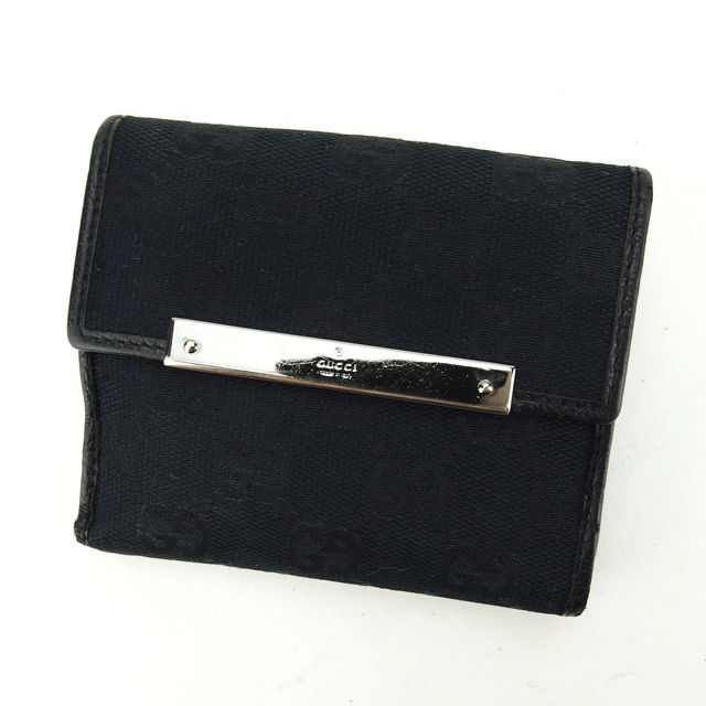 【BIGお買い物ラリー★30%OFFセール中】グッチ GUCCI 二つ折り財布ＧＧキャンバス ブラック×シルバー レディース 中古