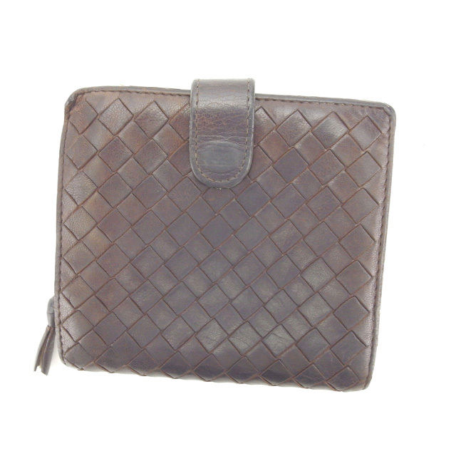 【BIGお買い物ラリー★30%OFFセール中】ボッテガヴェネタ BOTTEGAVENETA 二つ折り財布イントレチャート ダークブラウン レディース 中古