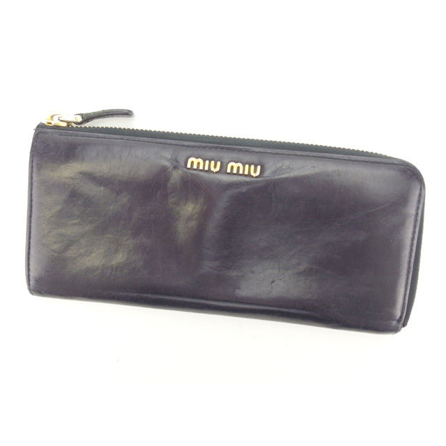 【BIGお買い物ラリー★30%OFFセール中】ミュウミュウ MIUMIU 長財布ロゴ ブラック×パープル×ゴールド レディース 中古