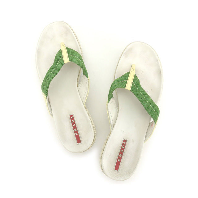 【BIGお買い物ラリー★30%OFFセール中】プラダ PRADA サンダルビーチ ♯37 ウェッジソール ベージュ×グリーン レディース 中古