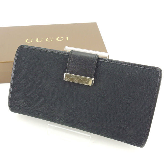 【BIGお買い物ラリー★30%OFFセール中】グッチ GUCCI 長財布ＧＧキャンバス ブラック×ゴールド レディース 中古