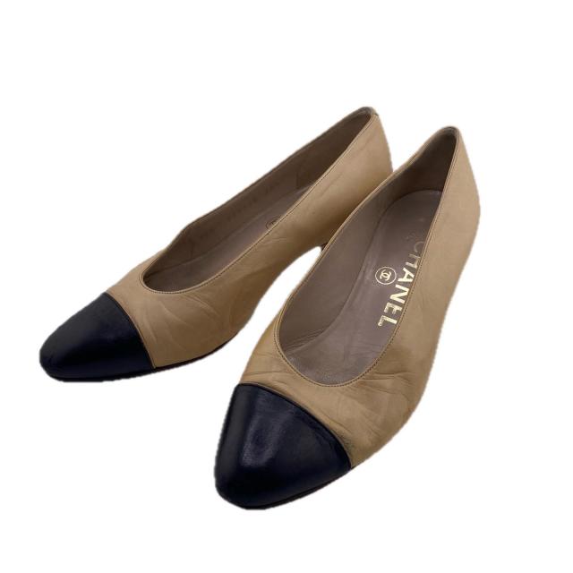 【BIGお買い物ラリー★30%OFFセール中】シャネル CHANEL パンプスバイカラー ♯34ハーフC ローヒール ベージュ×ブラック レディース 中古