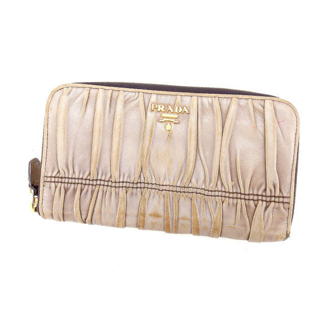 【BIGお買い物ラリー★30%OFFセール中】プラダ PRADA 長財布ロゴ×ギャザー グレーベージュ×ゴールド系 レディース 中古