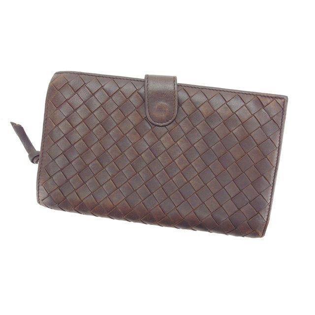 【BIGお買い物ラリー★30%OFFセール中】ボッテガヴェネタ BOTTEGAVENETA 長財布イントレチャート ブラウン×ゴールド レディース 中古