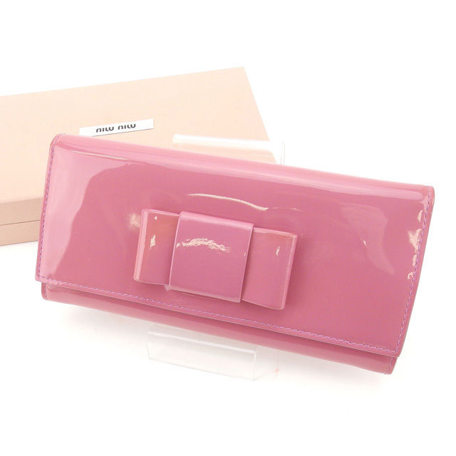 【BIGお買い物ラリー★30%OFFセール中】ミュウミュウ MIUMIU 長財布リボンモチーフ ピンク×ゴールド レディース 中古