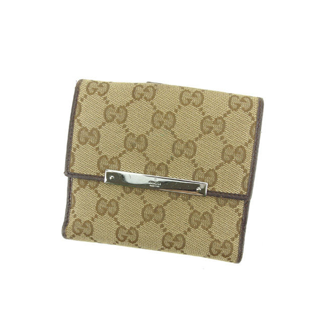 【BIGお買い物ラリー★30%OFFセール中】グッチ GUCCI 二つ折り財布ＧＧキャンバス ロゴプレート付き ベージュ×ブラウン×シルバー レディース 中古