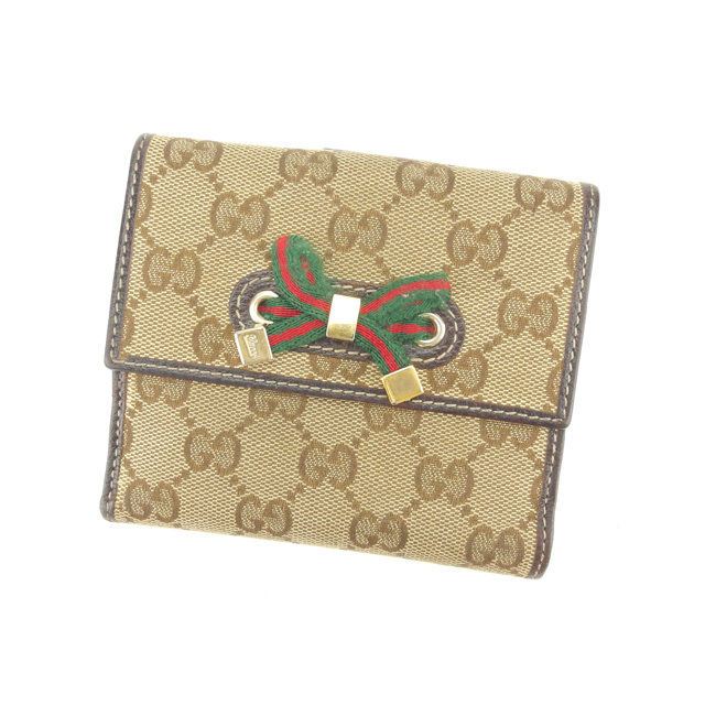 【BIGお買い物ラリー★30%OFFセール中】グッチ GUCCI 二つ折り財布ＧＧキャンバス ブラウン×ベージュ レディース 中古