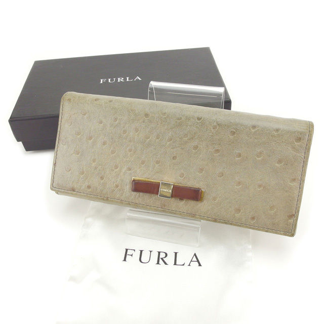 【X'masセール★30%OFF】フルラ Furla 長財布オーストリッチ型押し グレー×ブラウン レディース 中古