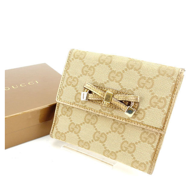 【X'masセール★30%OFF】グッチ GUCCI 二つ折り財布ＧＧキャンバス ベージュ×ゴールド レディース 中古