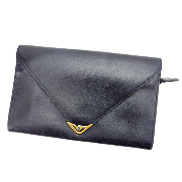 【X'masセール★30%OFF】カルティエ CARTIER 長財布ストーン付き レターデザイン ブラック×ゴールド×ネイビー レディース 中古