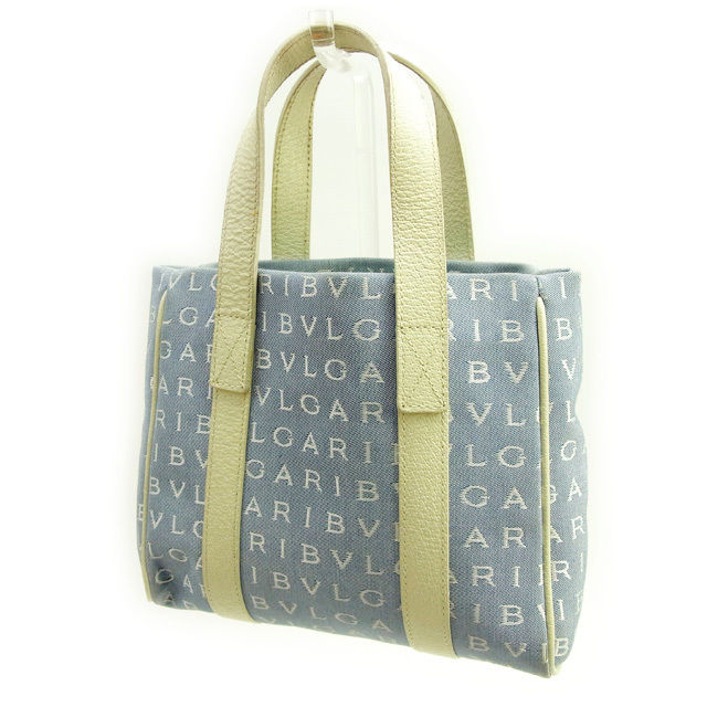 【X'masセール★30%OFF】ブルガリ BVLGARI ハンドバッグロゴマニア ブルー×アイボリー レディース 中古
