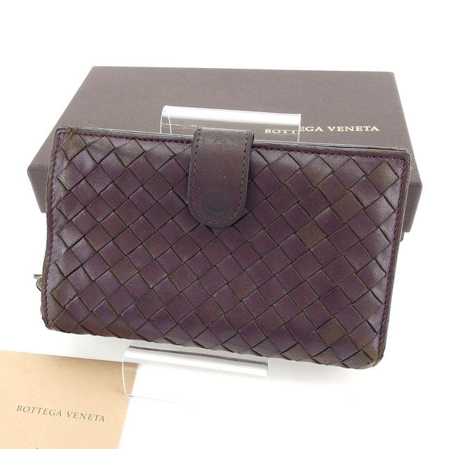【BIGお買い物ラリー★30%OFFセール中】ボッテガヴェネタ BOTTEGAVENETA 二つ折り財布イントレチャート ダークブラウン×ゴールド レディース 中古