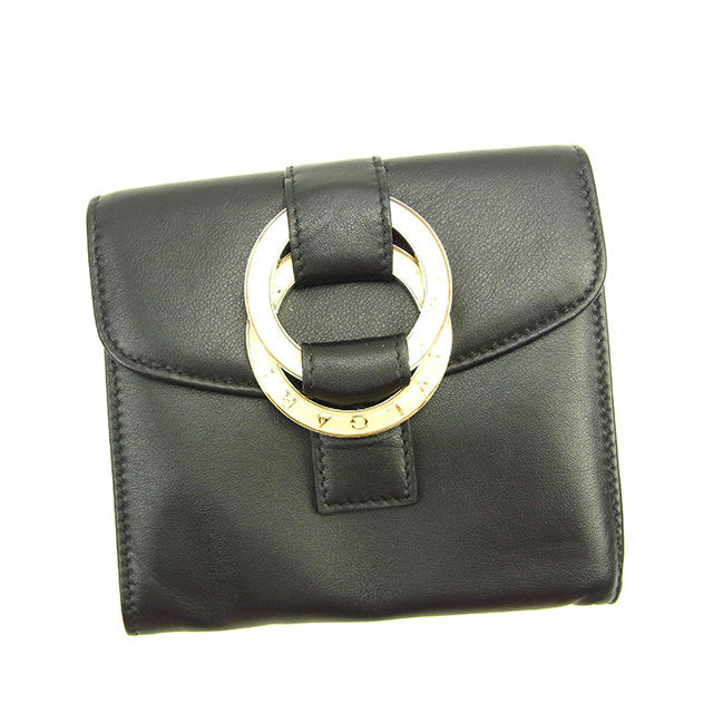 【X'masセール★30%OFF】ブルガリ BVLGARI 三つ折り財布ダブルロゴリング ブラック×ゴールド系 レディース 中古