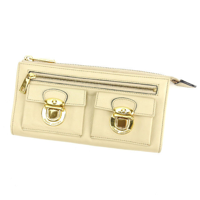 【X'masセール★30%OFF】マークジェイコブス MARC JACOBS 長財布フロントWポケット ベージュ×ゴールド レディース 中古