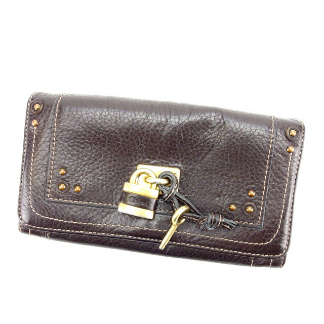 【BIGお買い物ラリー★30%OFFセール中】クロエ Chloe 長財布バティントン カデナ＆キー付き ダークブラウン×ゴールド レディース 中古