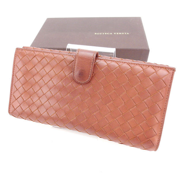 【BIGお買い物ラリー★30%OFFセール中】ボッテガヴェネタ BOTTEGAVENETA 長財布イントレチャート ブラウン レディース 中古